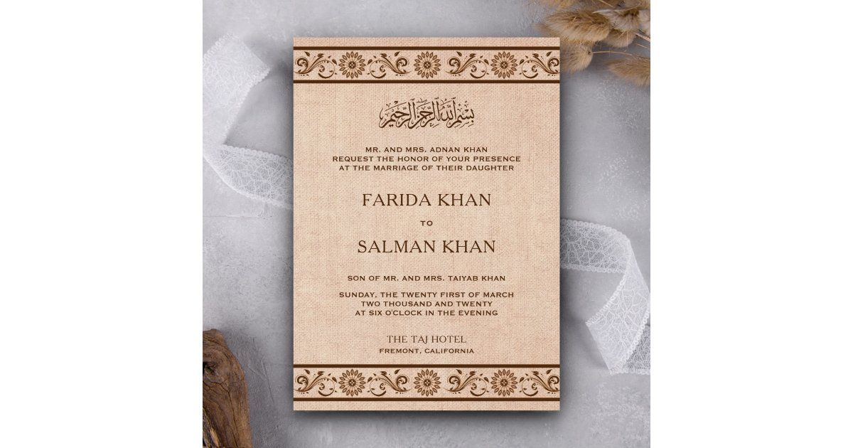 Traditional Floral Border Burlap Muslim Wedding Invitation | Zazzle