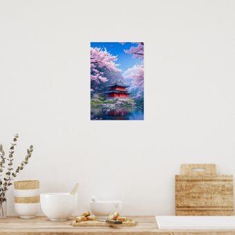 Traditional Japanese Temple by the Calm Lake Poster | Zazzle