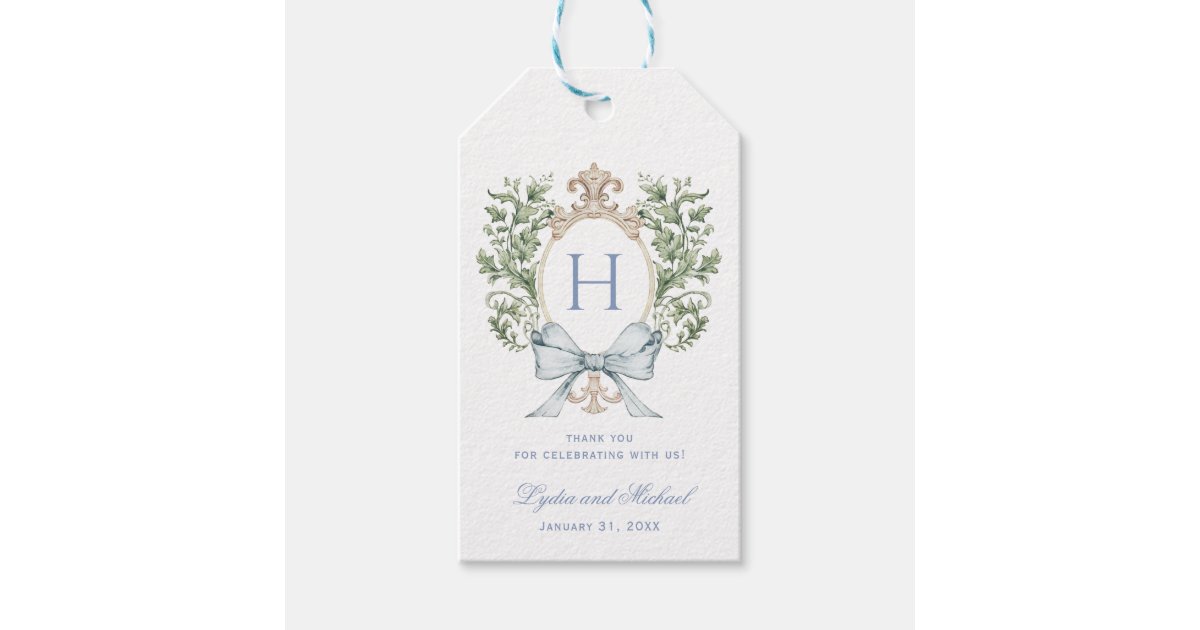 Traditional Leaf Crest w/ Bow | Monogram Wedding Gift Tags | Zazzle