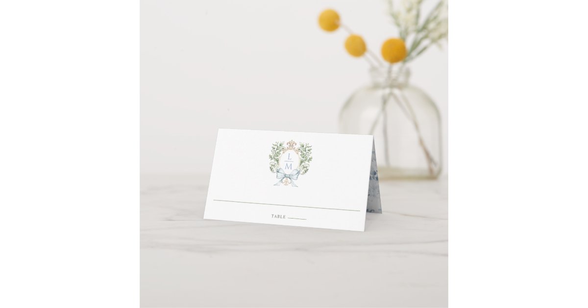Traditional Leaf Crest w/ Bow | Monogram Wedding Place Card | Zazzle