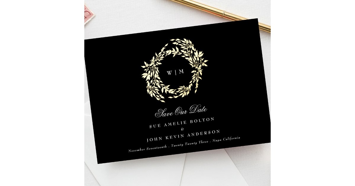 Traditional Monogram Black Crest Classic Wedding Foil Invitation | Zazzle