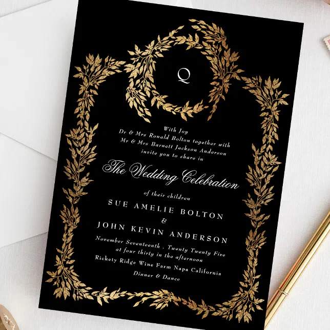 Traditional Monogram Black Crest Classic Wedding Invitation | Zazzle