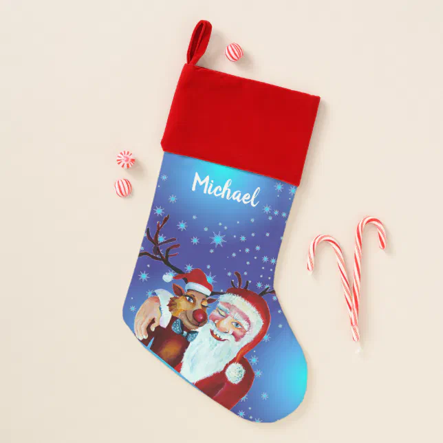 Traditional Painting Santa Claus Rudolf Smiling Christmas Stocking | Zazzle