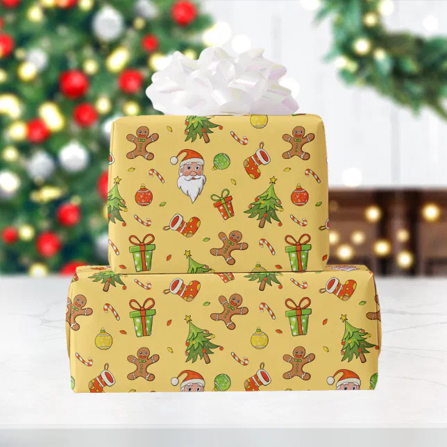 Traditional Pattern Christmas | Yellow Wrapping Paper | Zazzle