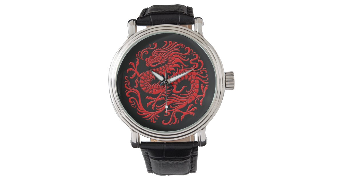 Traditional Red and Black Chinese Dragon Circle Watch | Zazzle