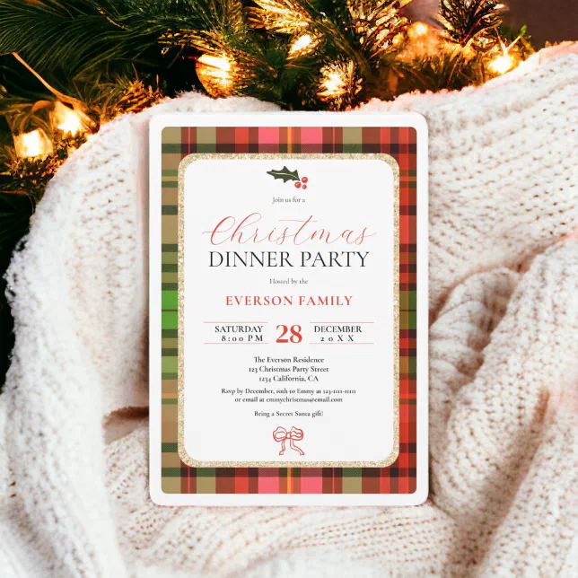 Traditional Red Festive Plaid Christmas Party Invitation | Zazzle