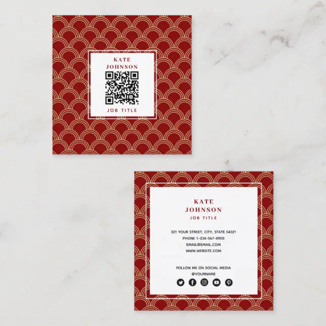 Traditional Red & Gold Chinese Pattern QR Code Square Business Card ...