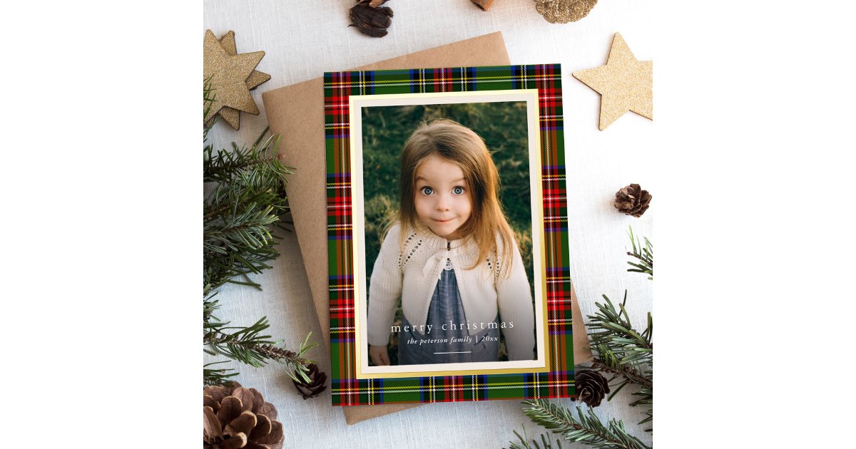 Traditional Red Green Plaid Merry Christmas Foil Holiday Card | Zazzle