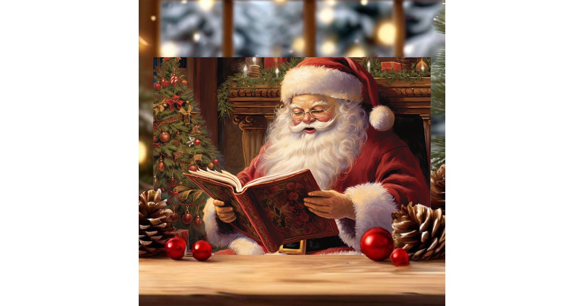 Traditional Santa Reading A Book Christmas Holiday Card | Zazzle