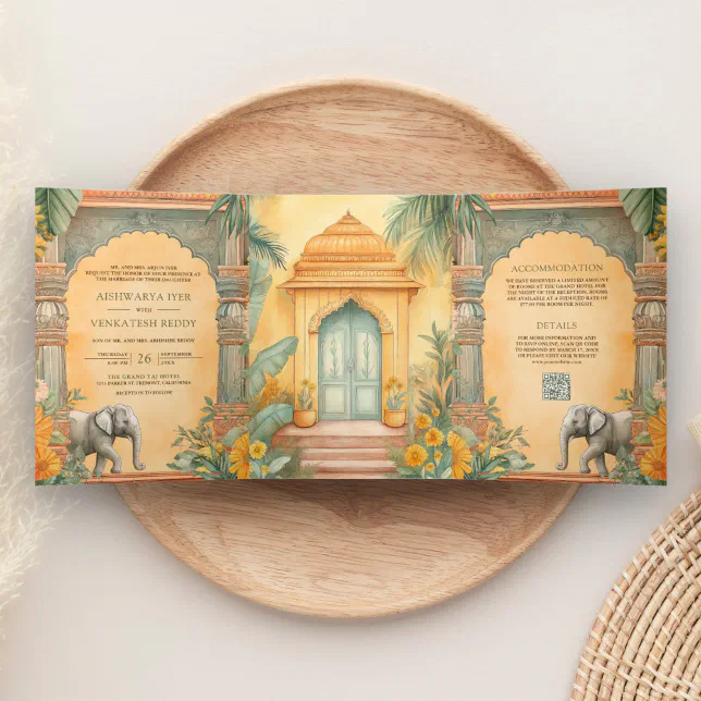 Traditional South Indian Photo QR Code Wedding Tri-Fold Invitation | Zazzle