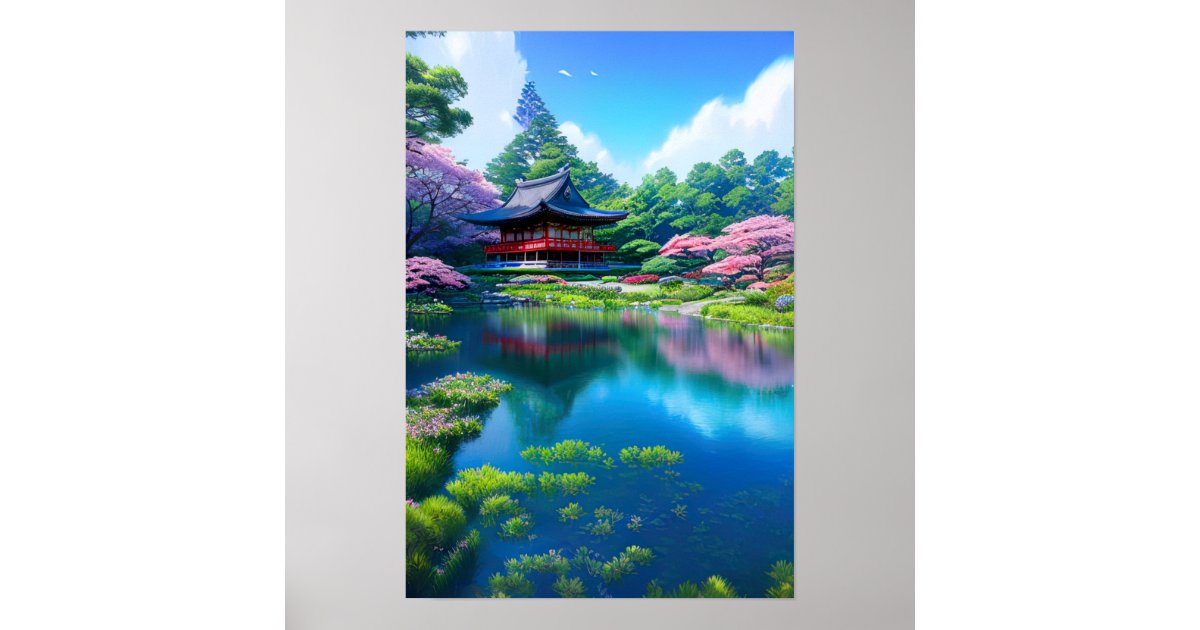Traditional Temple by the Lake Poster | Zazzle