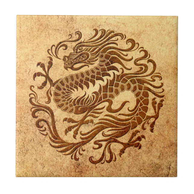 Traditional Vintage and Worn Chinese Dragon Circle Ceramic Tile | Zazzle