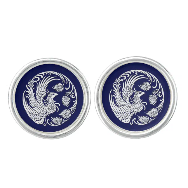 Traditional White Phoenix Circle on Blue Cufflinks | Zazzle