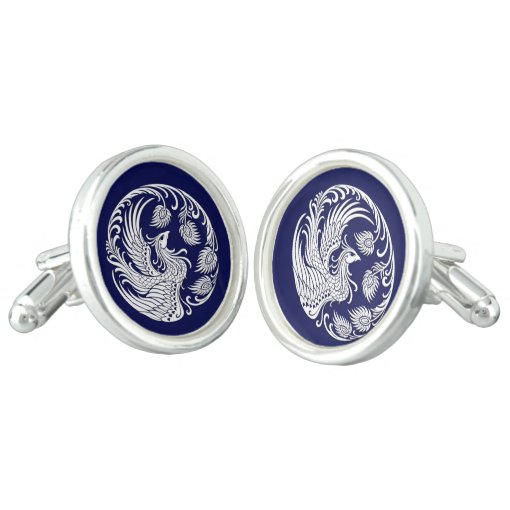 Traditional White Phoenix Circle on Blue Cufflinks | Zazzle