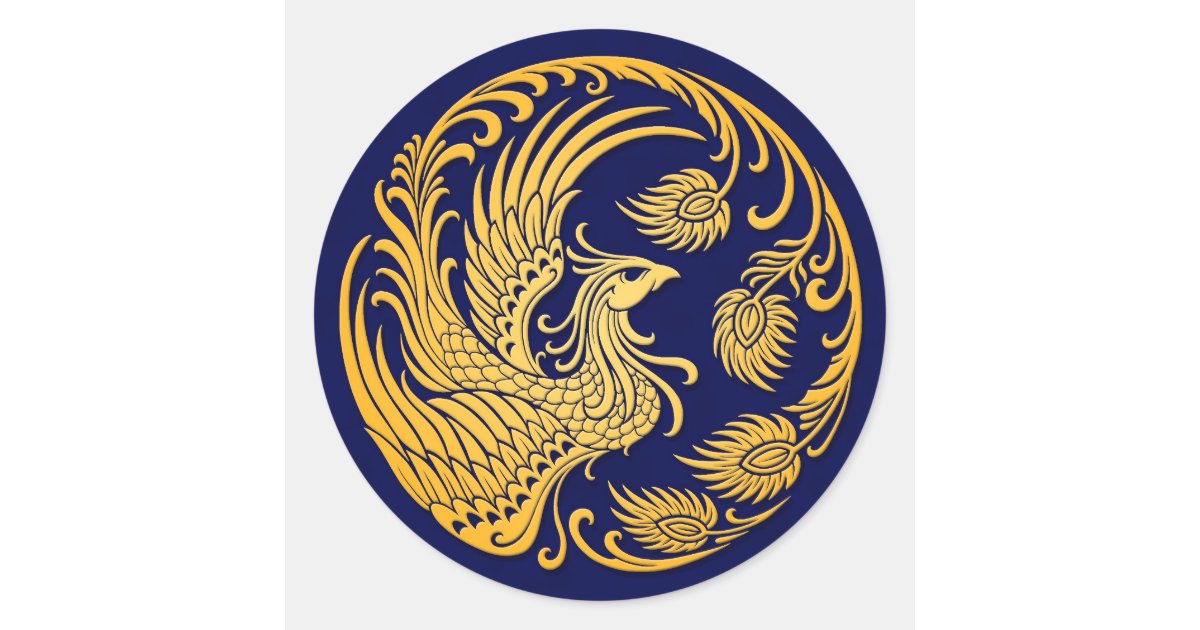 Traditional Yellow Phoenix Circle on Blue Classic Round Sticker | Zazzle
