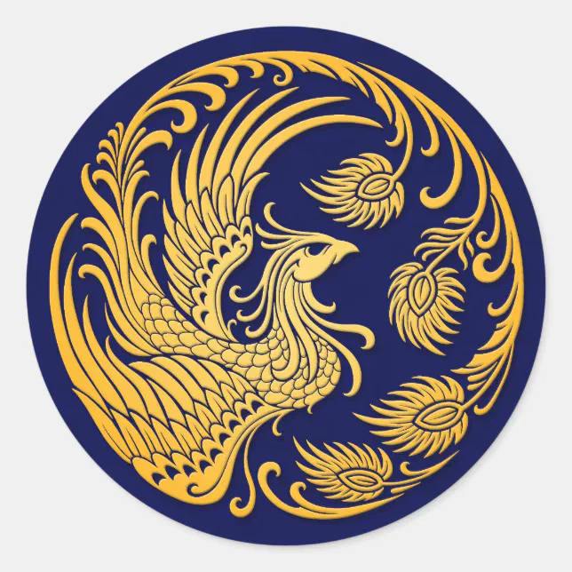 Traditional Yellow Phoenix Circle on Blue Classic Round Sticker | Zazzle
