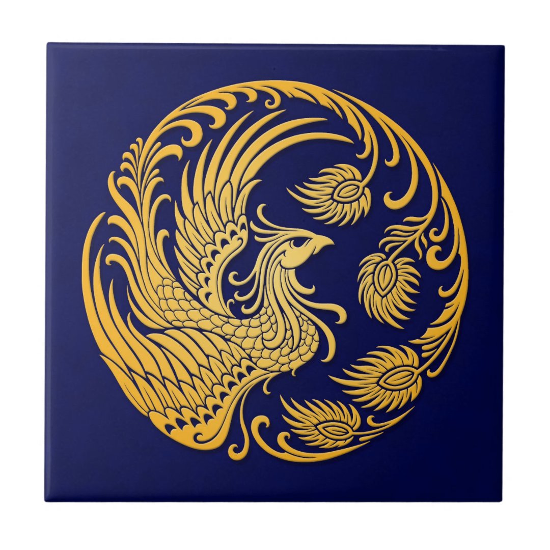 Traditional Yellow Phoenix Circle on Blue Tile | Zazzle