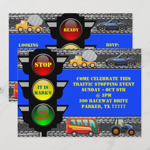Traffic Race Car Dump Truck Bus Tractor Invite | Zazzle