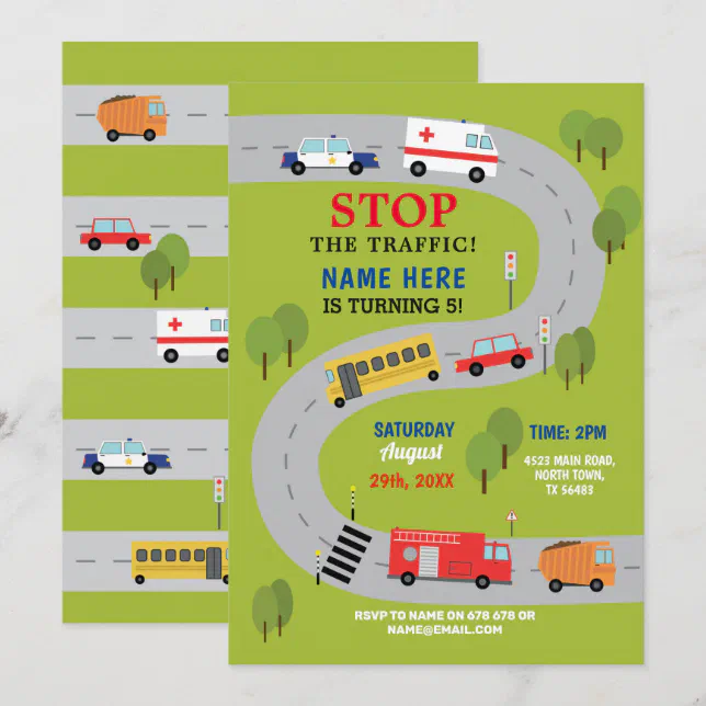 Traffic Road Driving Ambulance Police Trucks Cars Invitation | Zazzle
