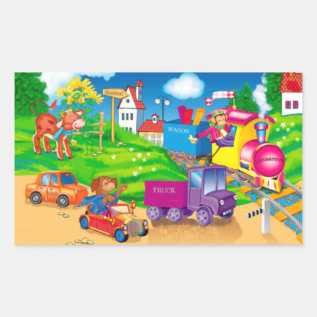 train and car rectangular sticker | Zazzle