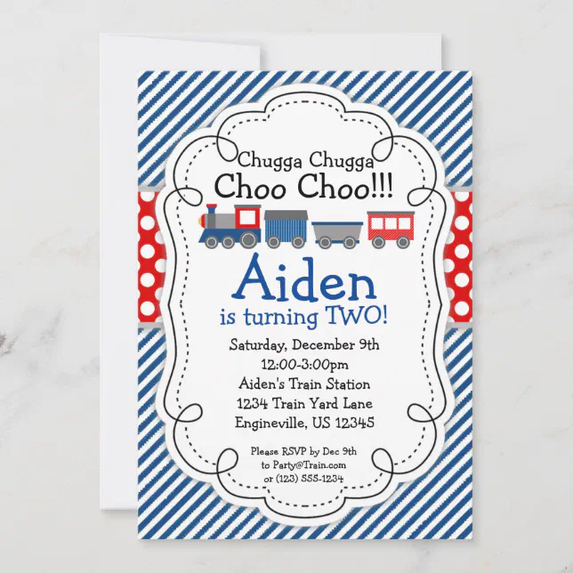 Train Engine, Blue Stripes Red Polka Dot Birthday Invitation | Zazzle