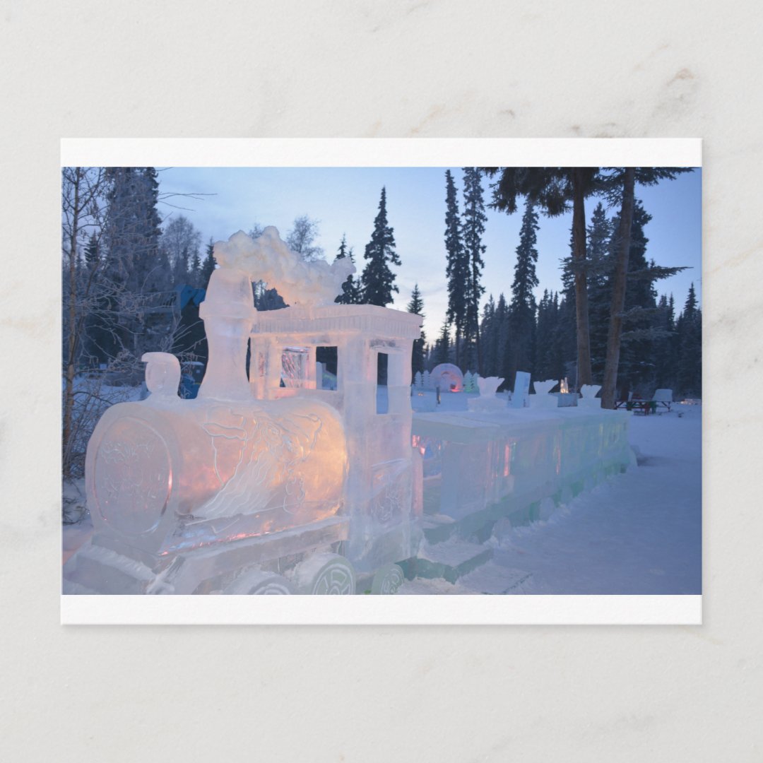 train engine Ice sculpture winter frozen snow art Postcard | Zazzle