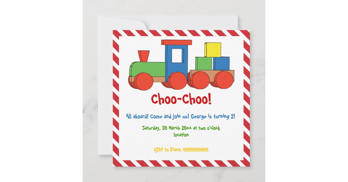 Train kids birthday red, white stripes invitation | Zazzle