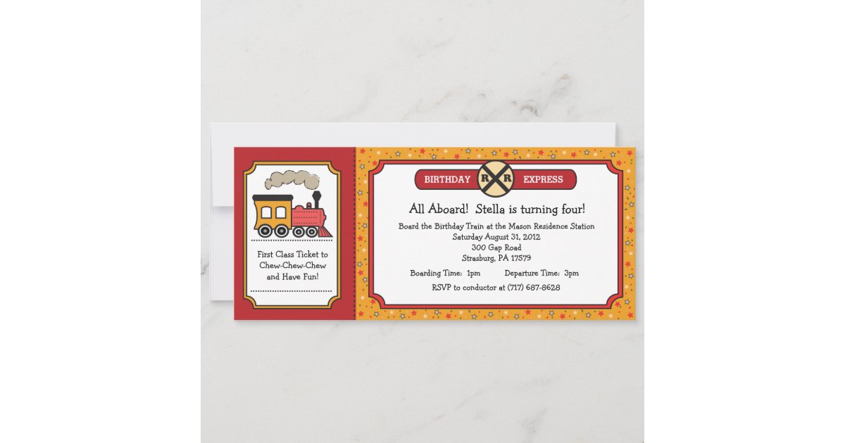 Train Ticket Invite - Yellow & Red | Zazzle