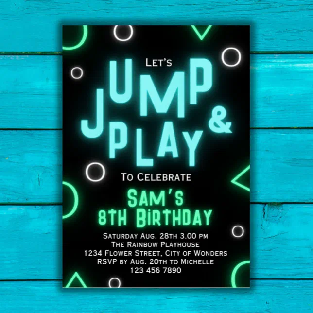 Trampoline Birthday Invitation Neon Jump Party | Zazzle