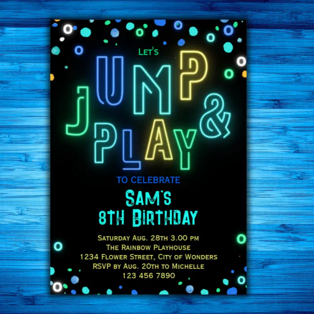 Trampoline Birthday Neon Glow Jump Play Party Invitation | Zazzle