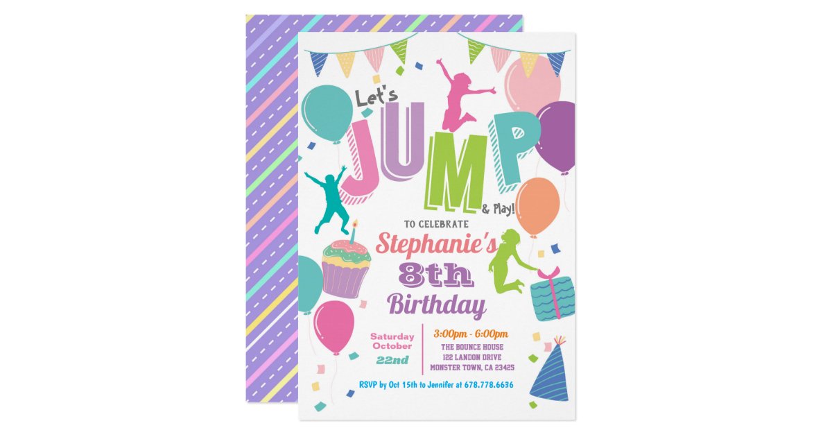 Trampoline birthday party. Girls colorful jump Invitation | Zazzle.com