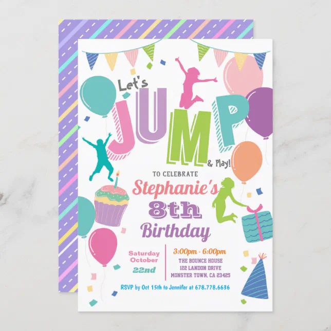 Trampoline birthday party. Girls colorful jump Invitation | Zazzle