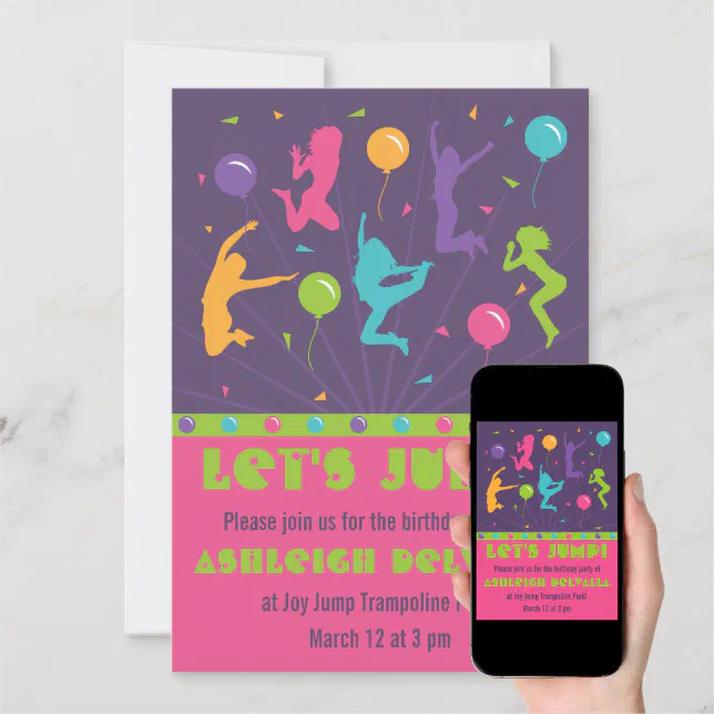 Trampoline Birthday Party Invitations for Girls | Zazzle