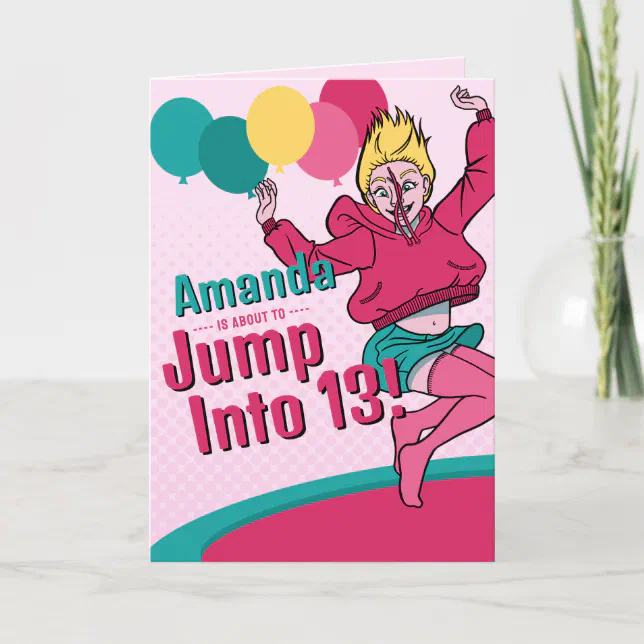 Trampoline Cute Cartoon Teen Girl 13th Birthday Card | Zazzle