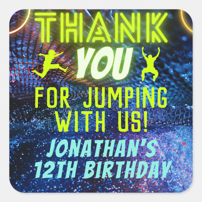 Trampoline Jumping Birthday Party Thank You Favor Square Sticker | Zazzle