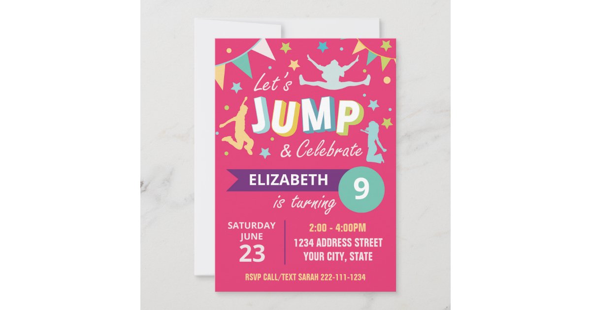 Trampoline park birthday invitation pink | Zazzle