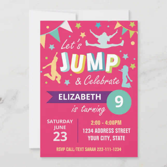 Trampoline park birthday invitation pink | Zazzle