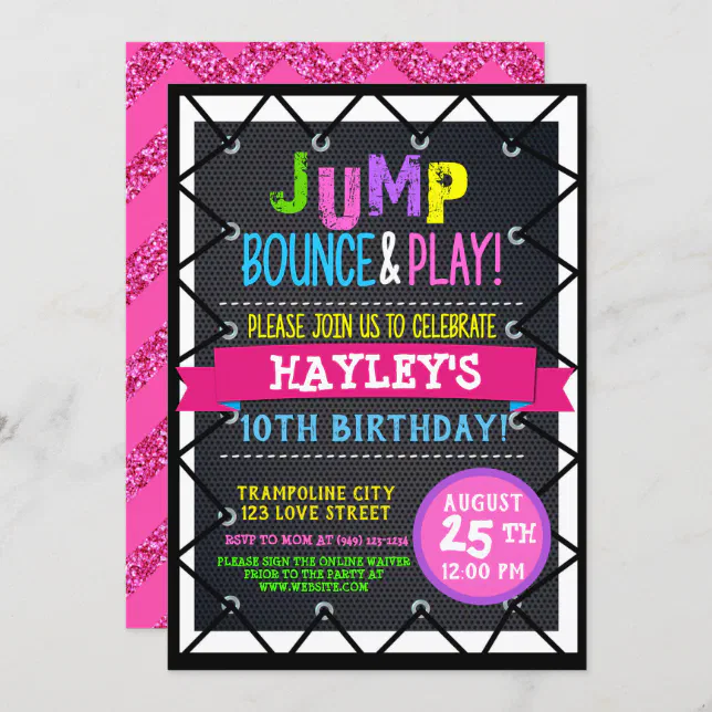 Trampoline Park Bounce Party Girls Colorful Invitation | Zazzle