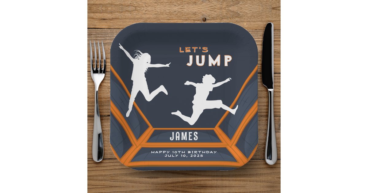 Trampoline Park Let's Jump Orange Birthday Party Paper Plates | Zazzle