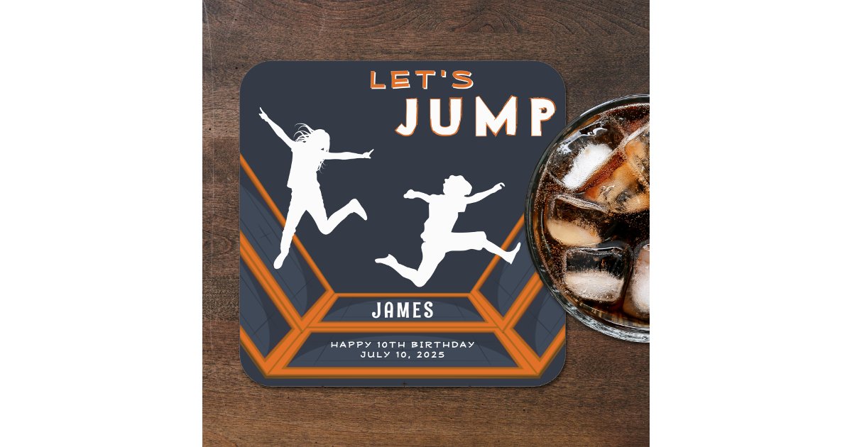 Trampoline Park Let's Jump Orange Birthday Party Square Paper Coaster ...