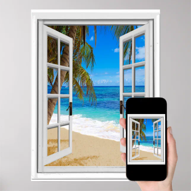 Tranquil Beach Ocean View Fake Window Poster | Zazzle