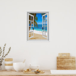 Tranquil Beach Ocean View Fake Window Poster | Zazzle