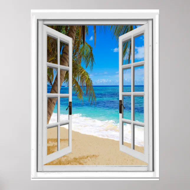 Tranquil Beach Ocean View Fake Window Poster | Zazzle
