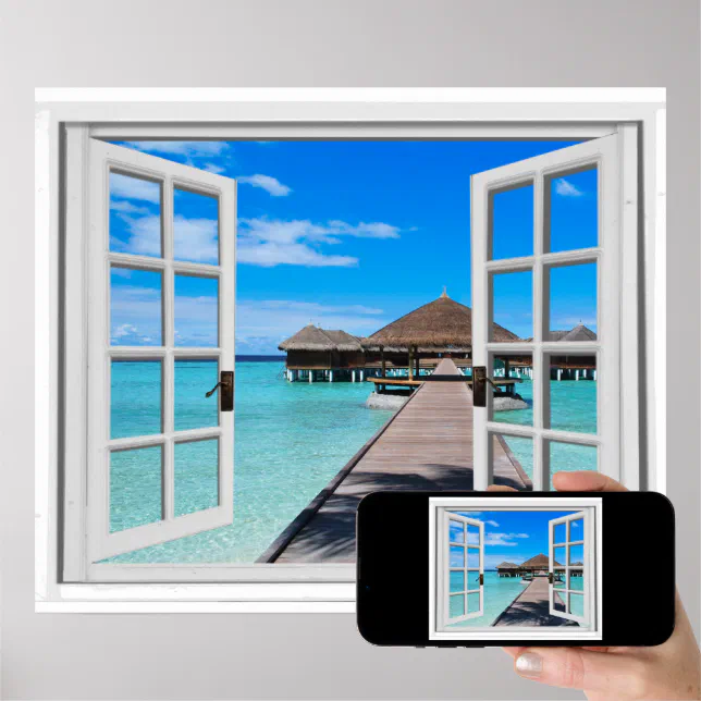 Tranquil Boardwalk Pier Ocean Fake Window View Poster | Zazzle