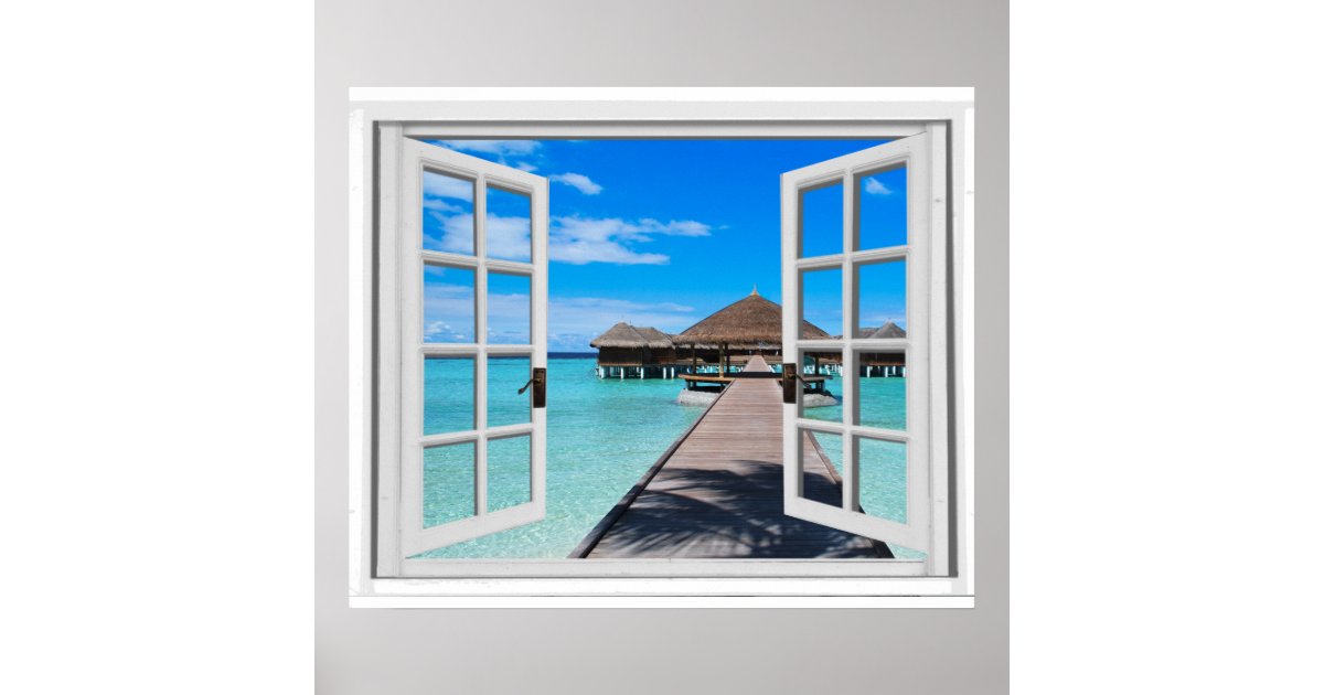 Tranquil Boardwalk Pier Ocean Fake Window View Poster | Zazzle