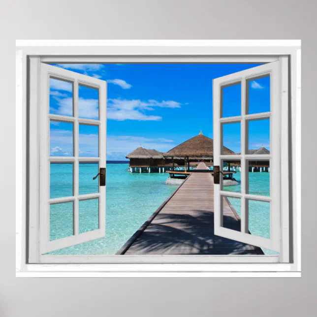 Tranquil Boardwalk Pier Ocean Fake Window View Poster | Zazzle