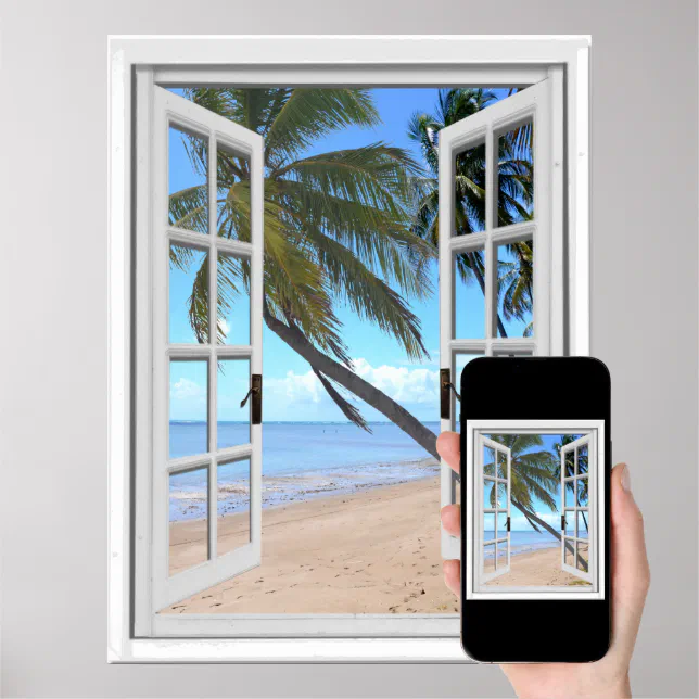 Tranquil Palms and Ocean Artificial Window View Poster | Zazzle
