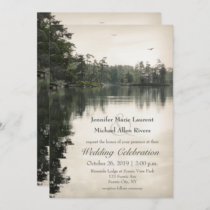tranquil rustic lake evergreens reflection wedding invitation | Zazzle