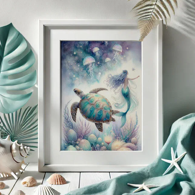 Tranquil Sea Turtle & Mermaid Wall Art | Zazzle