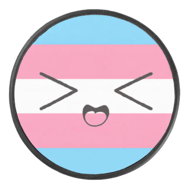 trans flag with cute excited face hockey puck | Zazzle
